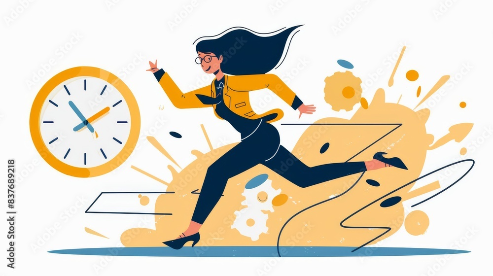 cartoon vector illustration of being late, woman run in burning o'clock ...