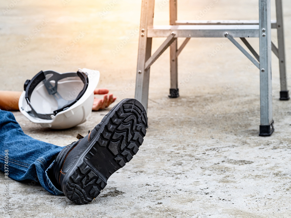 Accident and injury on a construction site. Safety first concept. Male ...