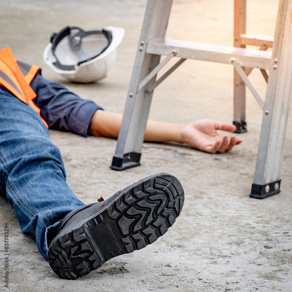 Accident and injury on a construction site. Safety first concept. Male ...