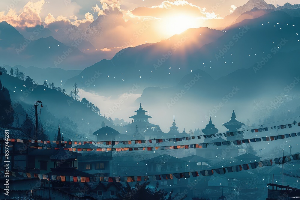 Himalayan village, prayer flags, towering peaks close up, focus on ...