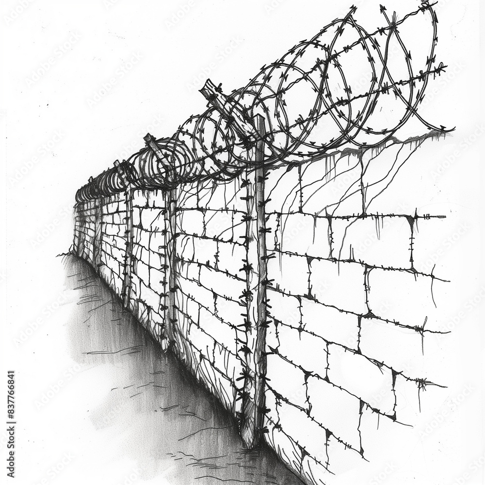 Muro con filo spinato. Disegno a matita. Stock Illustration | Adobe Stock