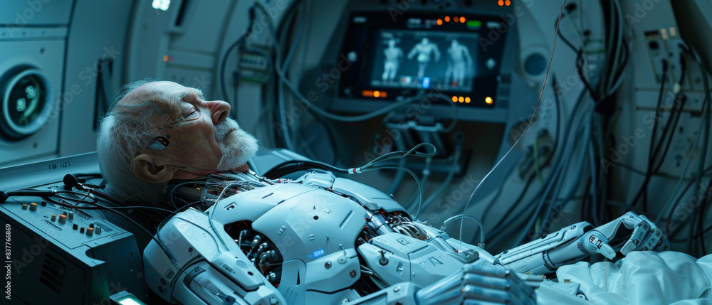 Old man undergoes mind transfer process to bionic robot body in high ...