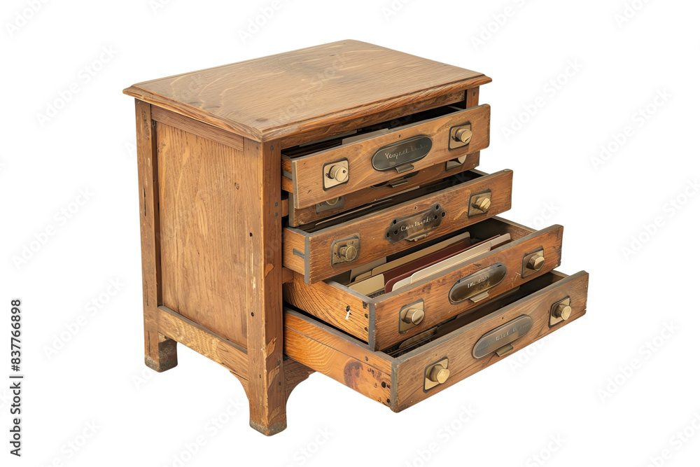 Vintage wooden chest of drawers with three open drawers, showing the ...