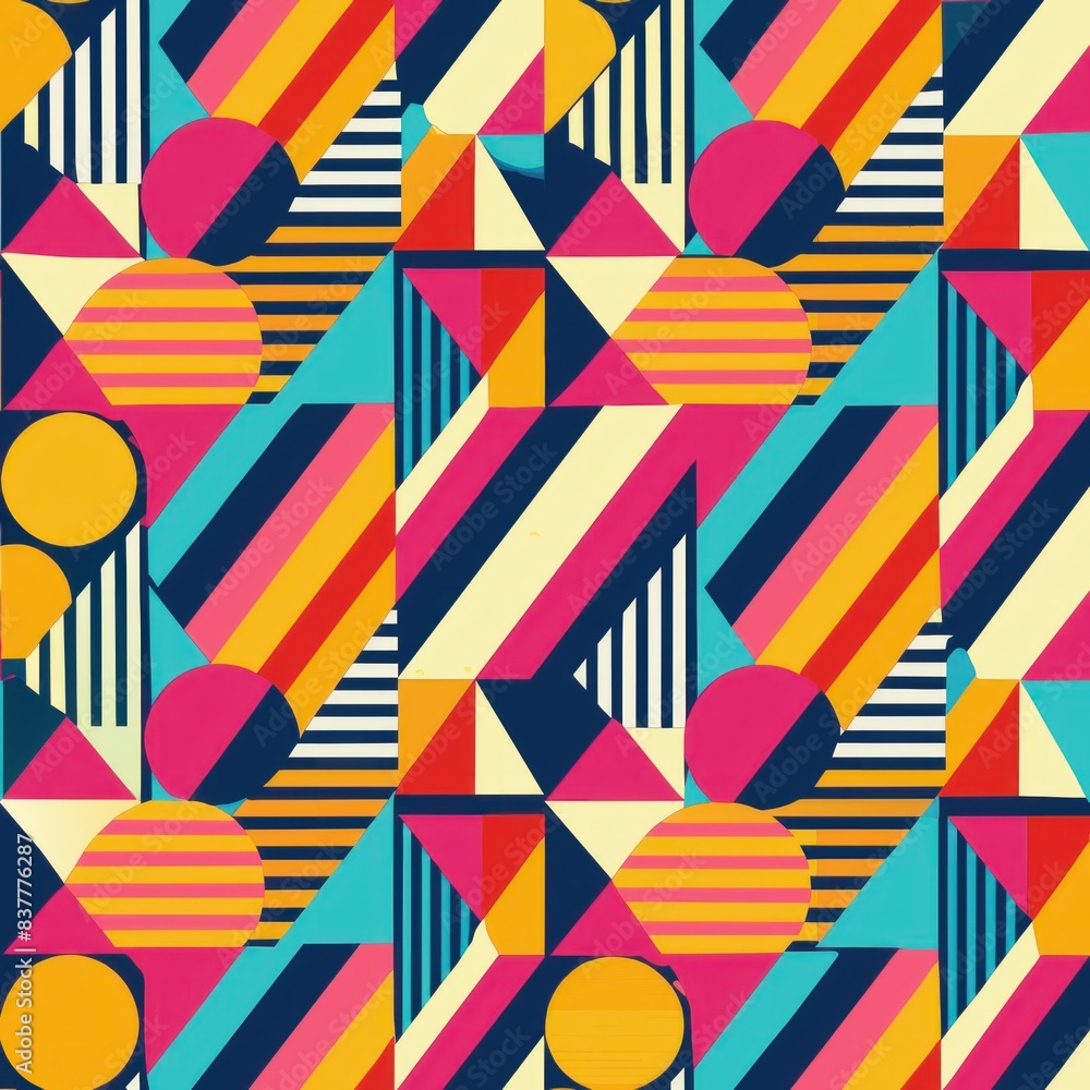Seamless pattern of vibrant geometric shapes and bold stripes ...