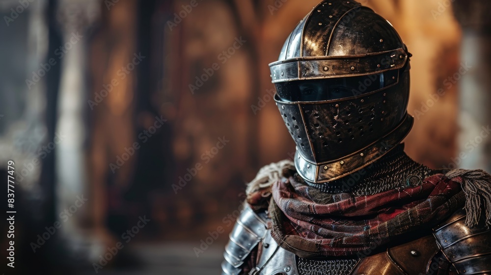 Middle Ages knight in the helmet and full armor against medieval castle ...