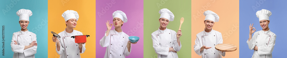 Collage with photos of professional chef on different color backgrounds ...