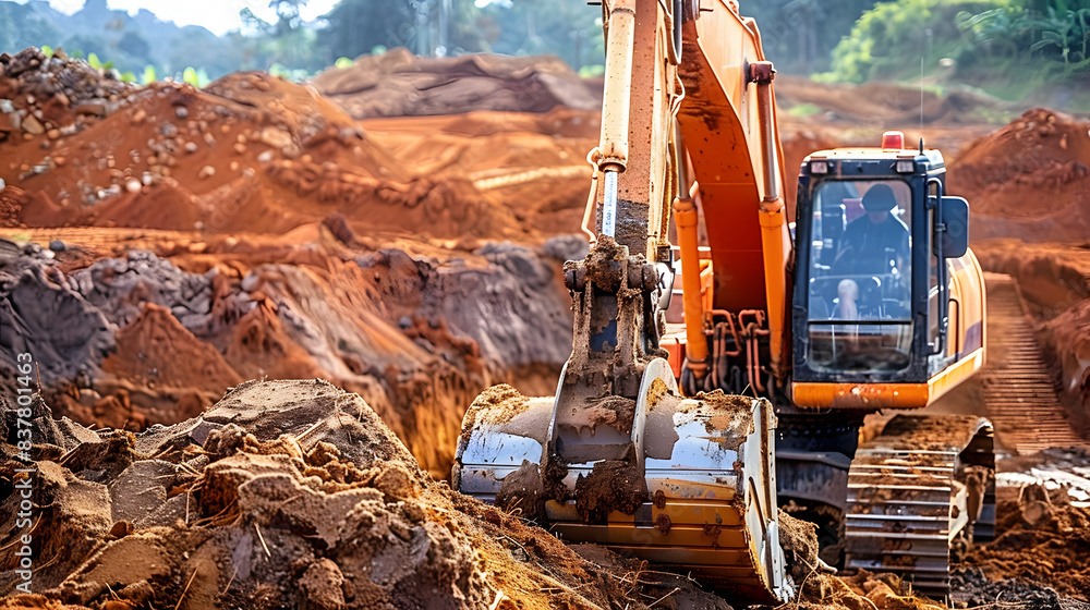 Backhoe working by digging soil at construction site. Crawler excavator ...