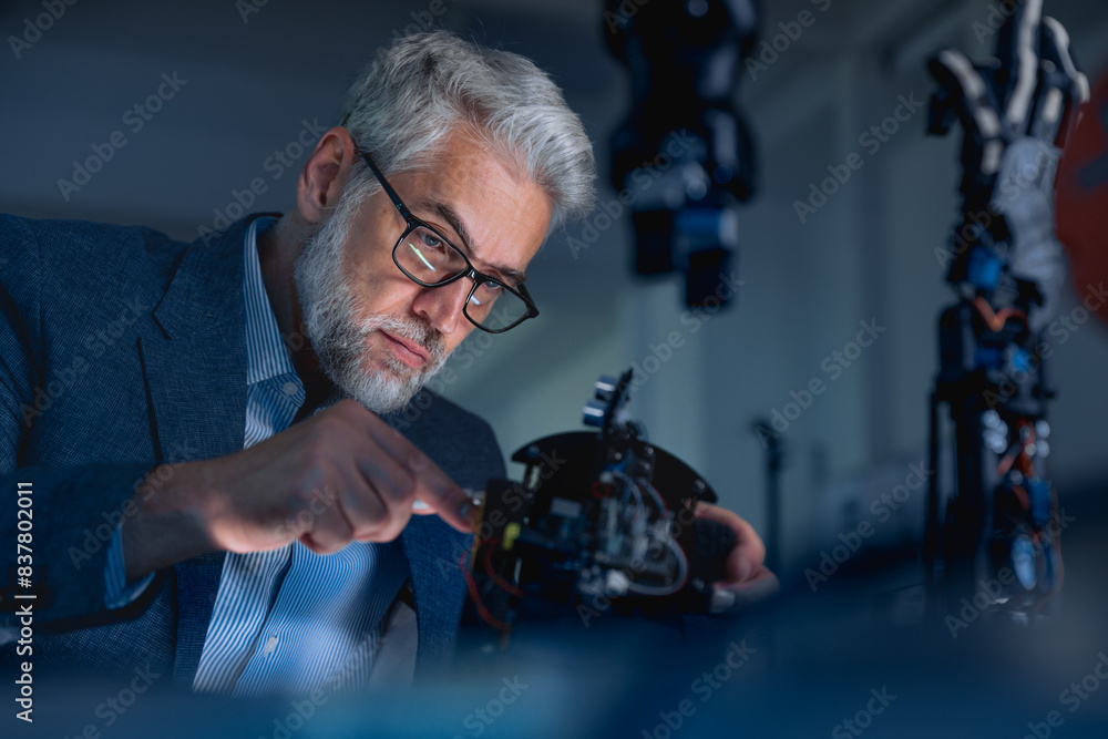 Automation, robotics engineer working on mechanical system of robotic ...