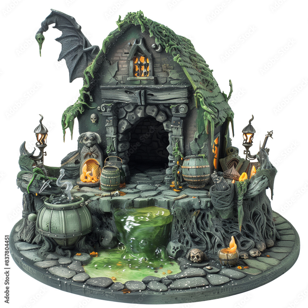 A witch's lair with a bubbling toxic cauldron at the cente isolated on ...
