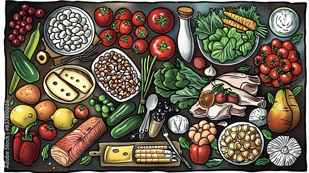 A detailed 2D outline of a balanced diet chart, showing different food ...