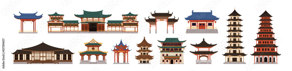 Chinese buildings set. Traditional Asian architecture. Pagoda, ancient ...