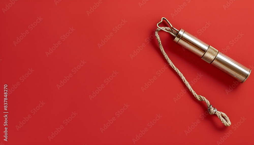 One metal whistle with cord on red background, top view. Space for text ...