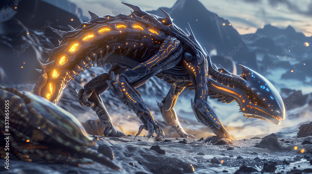 Giant mechanical dragon, scaly body with glowing orange lights on its ...