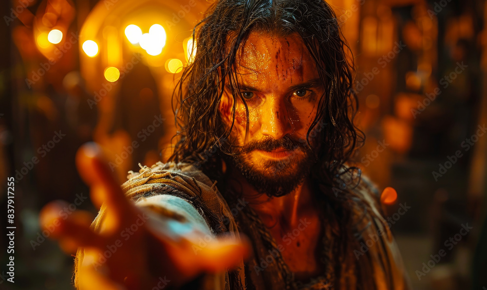 Dramatic Closeup of Jesus Christ Reaching Out with Intense Expression ...