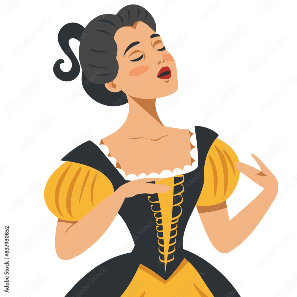 Elegant animated woman singing, wearing historical costume, opera ...
