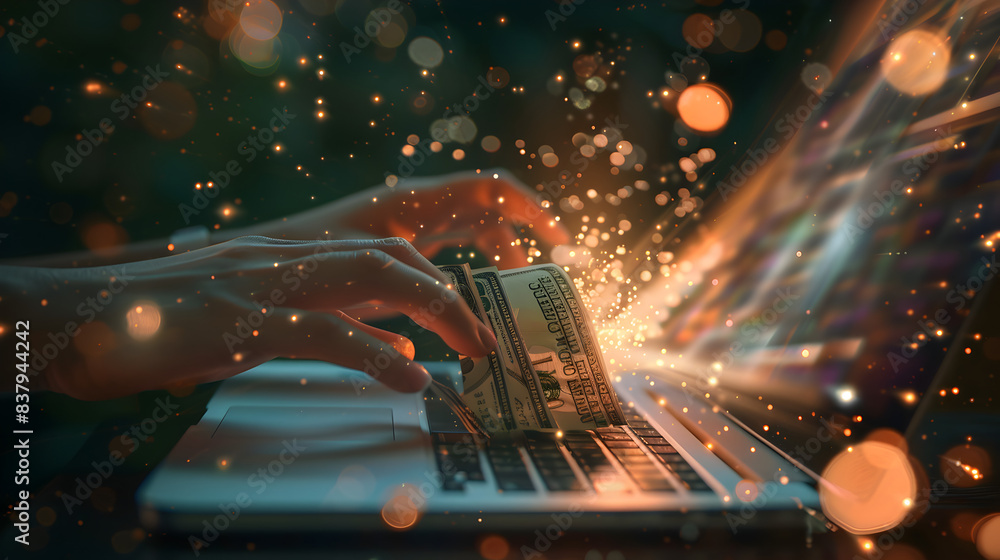 Laptop with Money HD 8K background Wallpaper p Stock Photo | Adobe Stock