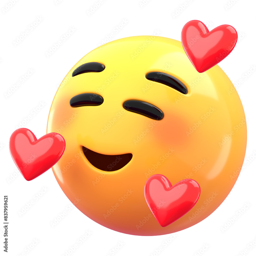 3D emoticon png smiling face with three hearts sticker, transparent ...