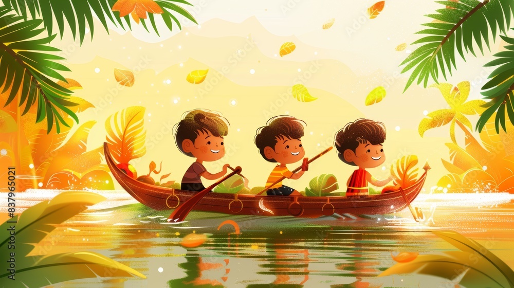 Cartoon vector children enjoying a snake boat race Vallamkali during ...