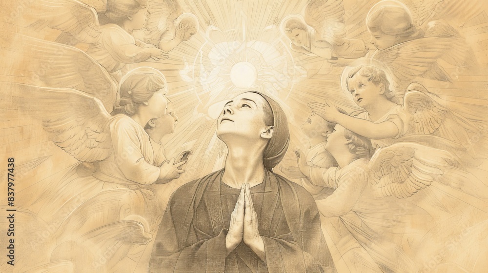 Mystical vision of Saint Gemma Galgani in deep prayer, angels and ...