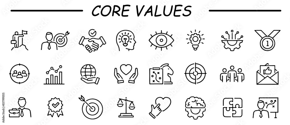 Integrity, Target purpose and Strategy. Core values line icons. Trust handshake, social ...