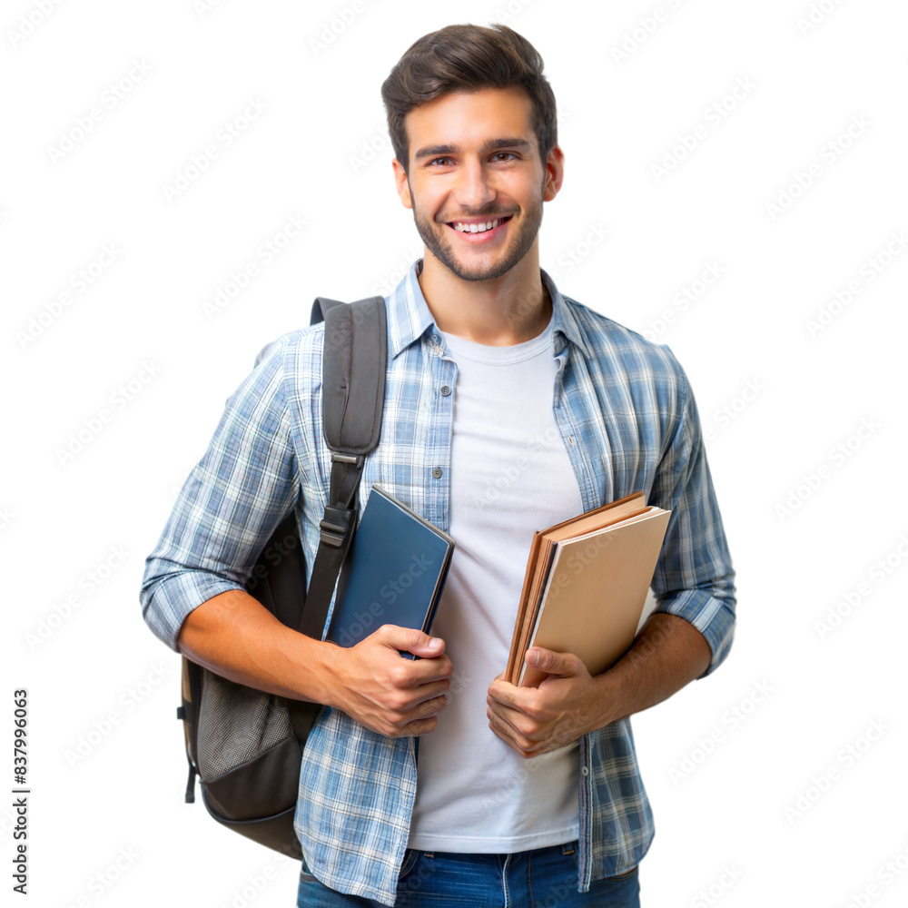 Portrait of smiling university student boy with backpack and holding ...