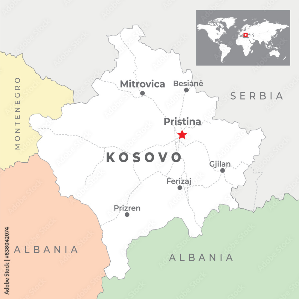 Kosovo political map marked with capital Pristina and national borders ...