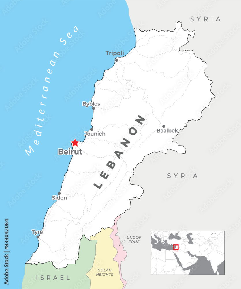 Lebanon political map with capital Beirut, national borders and ...