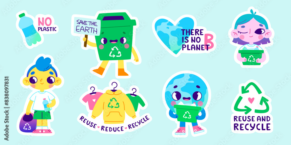 Cartoon sticker set about recycling for kids. Vector ecology sticker ...