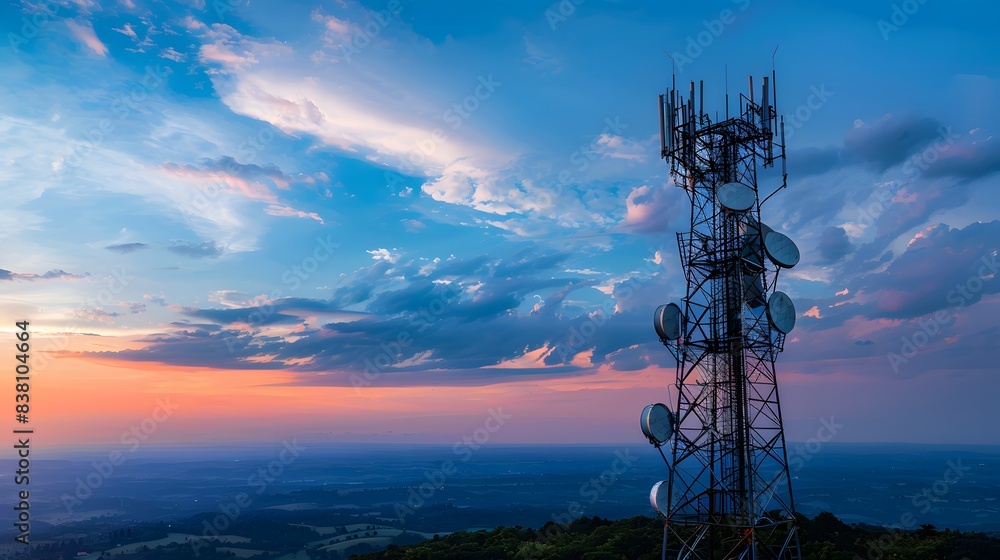 A modern cell tower with several dishes and antennas against the ...