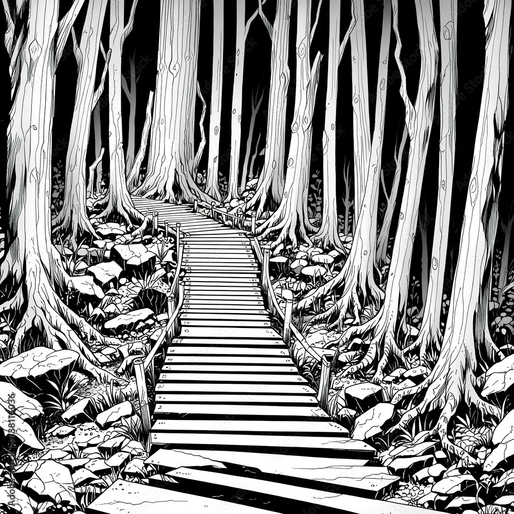Black and white illustration of a pathway from futuristic robotic ...