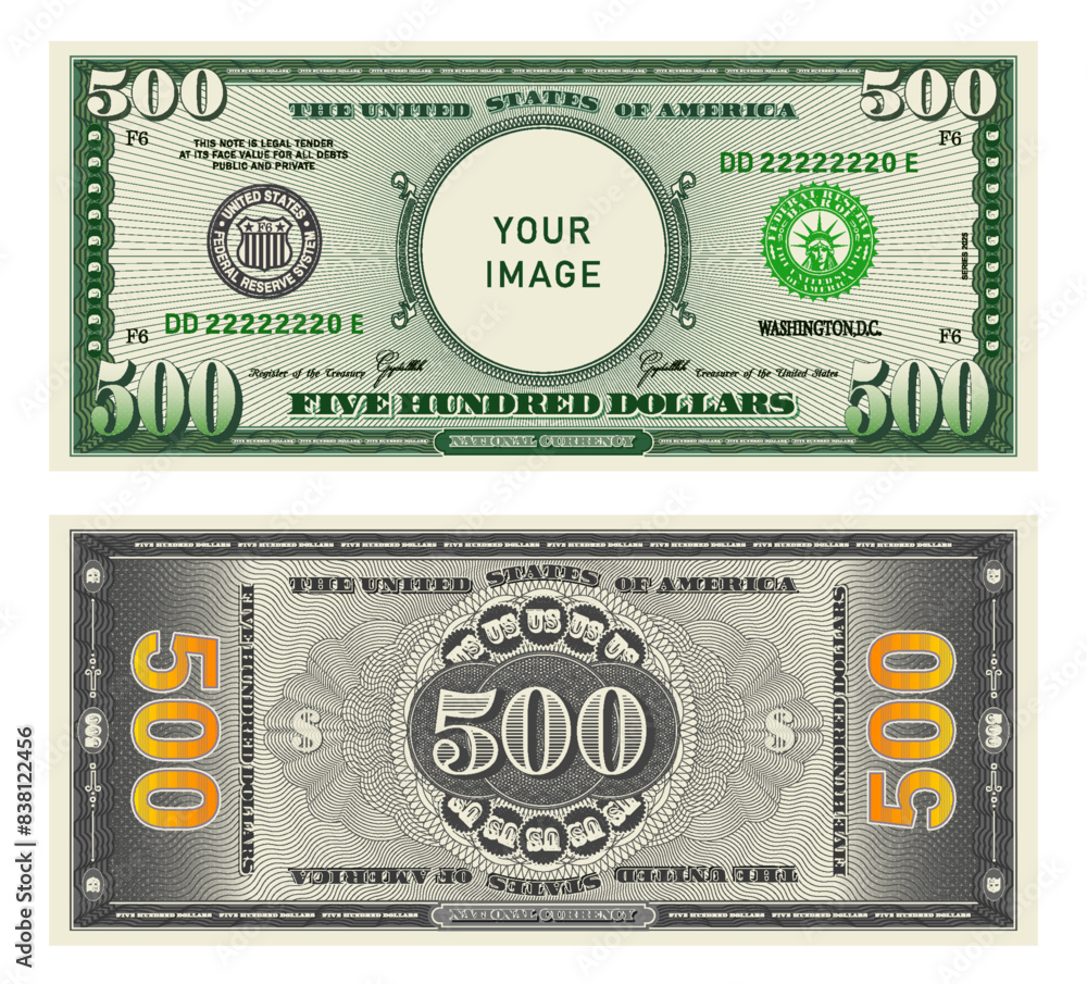 Vector highly detailed fictional beautiful 500 US dollar banknote ...