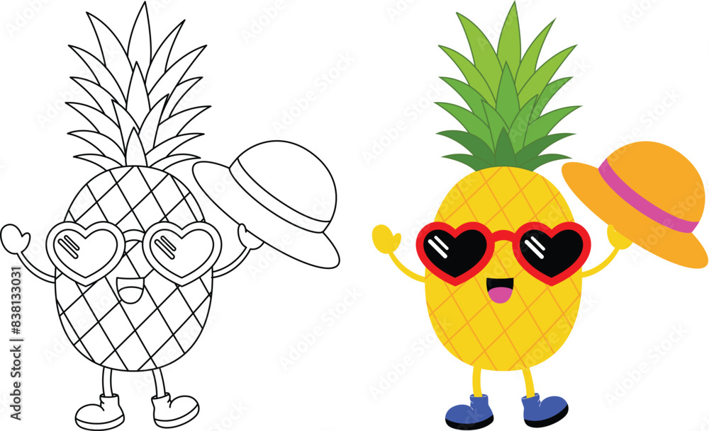 Cute kawaii funny pineapple cartoon character coloring page for kids ...