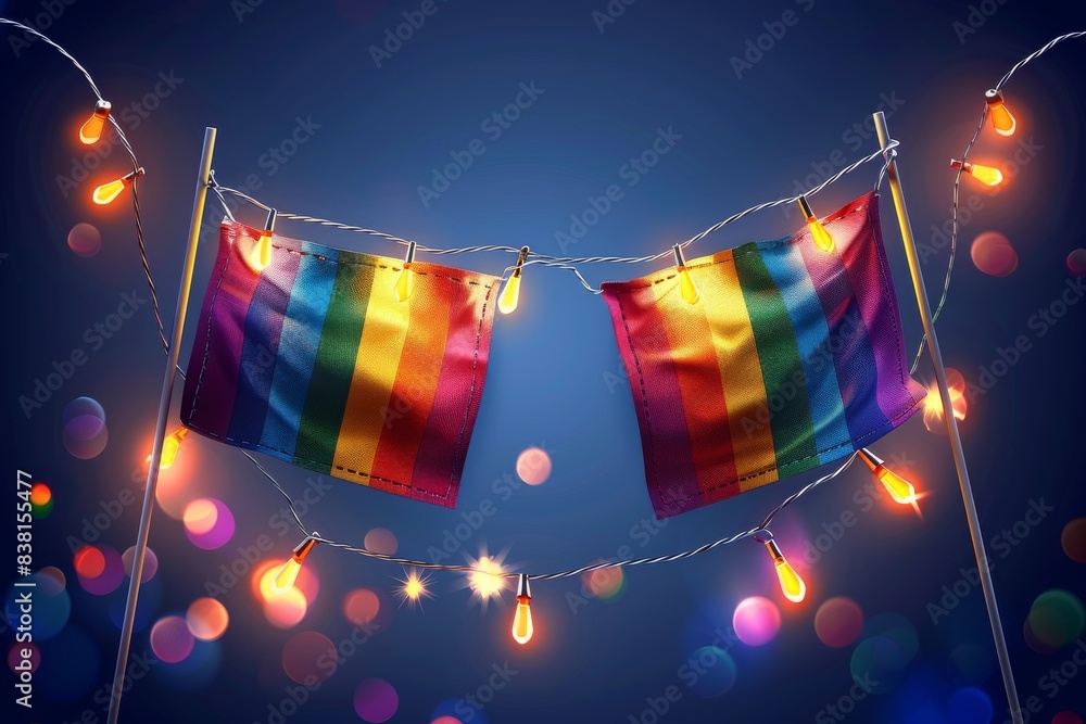 String of rainbow flags with festive lights against a dark background ...