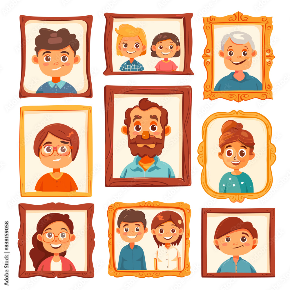Family photo frames. Happy big families cartoon characters photograph ...