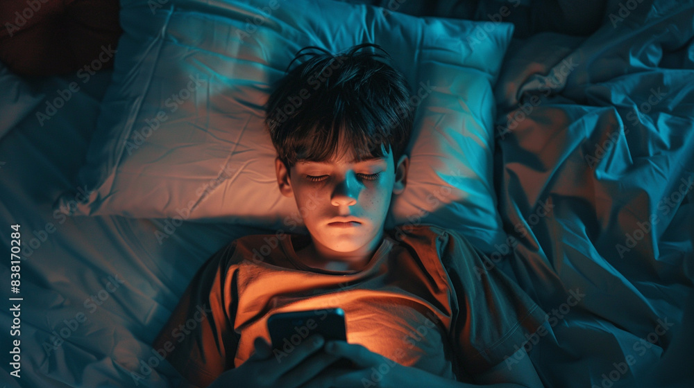 Boy is addicted to a phone, Sleepy kid lying in bed using a smartphone ...