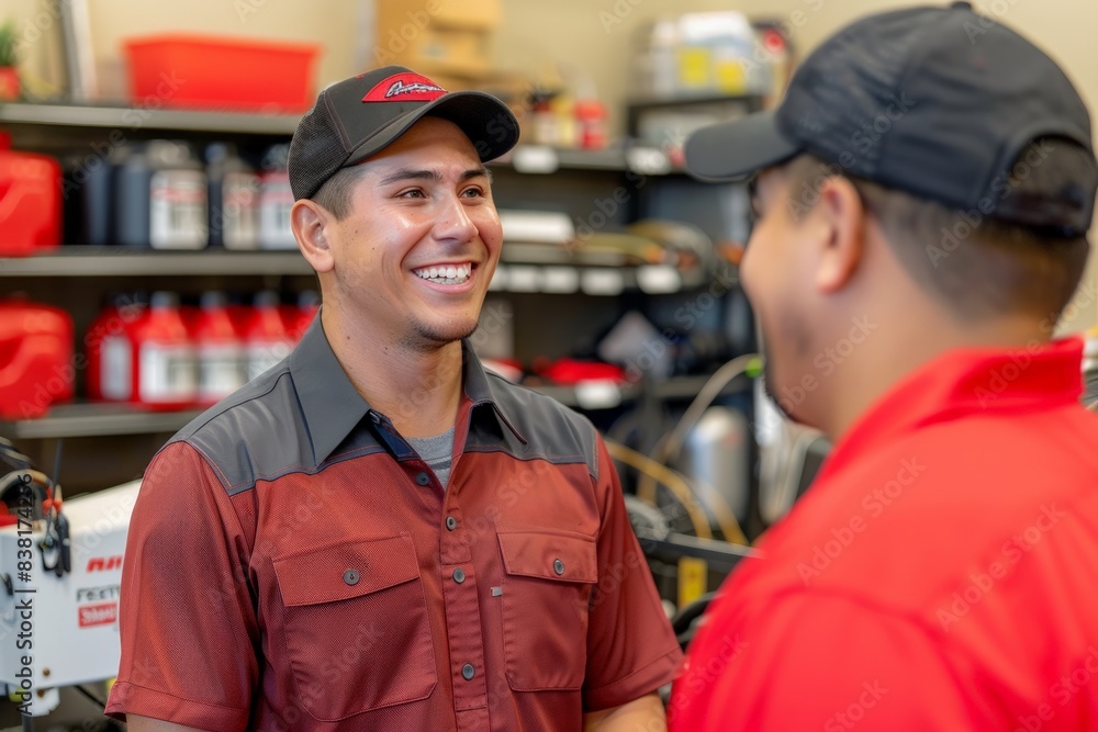 Mechanic checking car fluids, Two mechanics in conversation, one in a cap and maroon work shirt ...