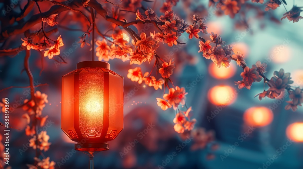 A cherry tree with a traditional Japanese lantern hanging from a branch ...