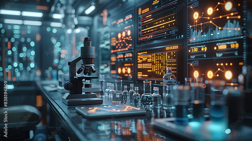 A modern science lab with advanced microscopes, test tubes, and digital ...
