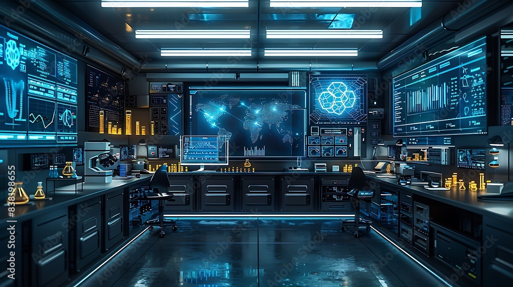 A sleek, high-tech science lab featuring microscopes, test tubes, and ...