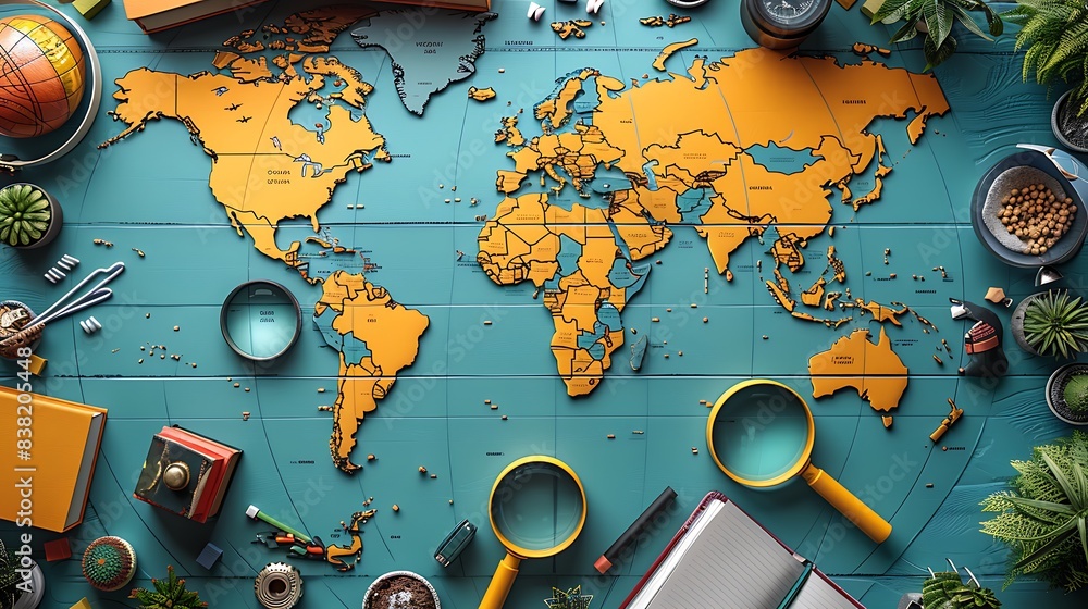 A vibrant world map background adorned with educational tools like a ...