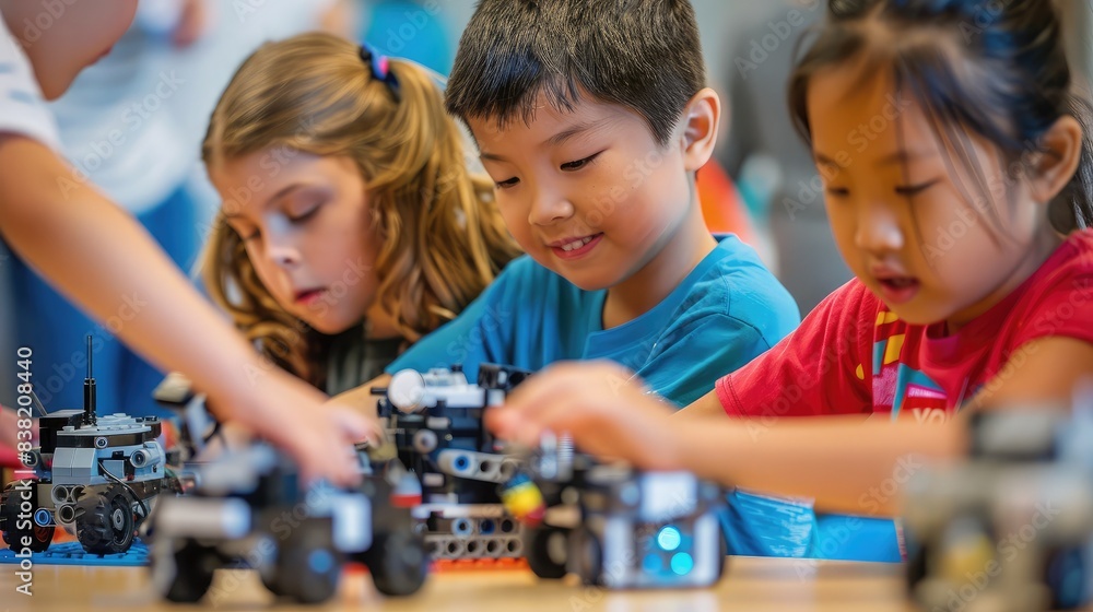 Group of children building and programming robots using Mindstorms kits ...