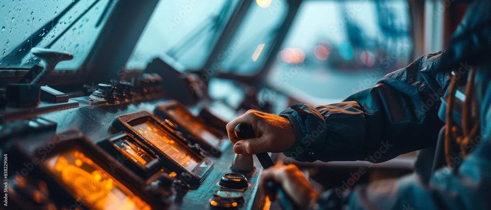 Close-up of hands operating ship controls in the cockpit, with gauges ...