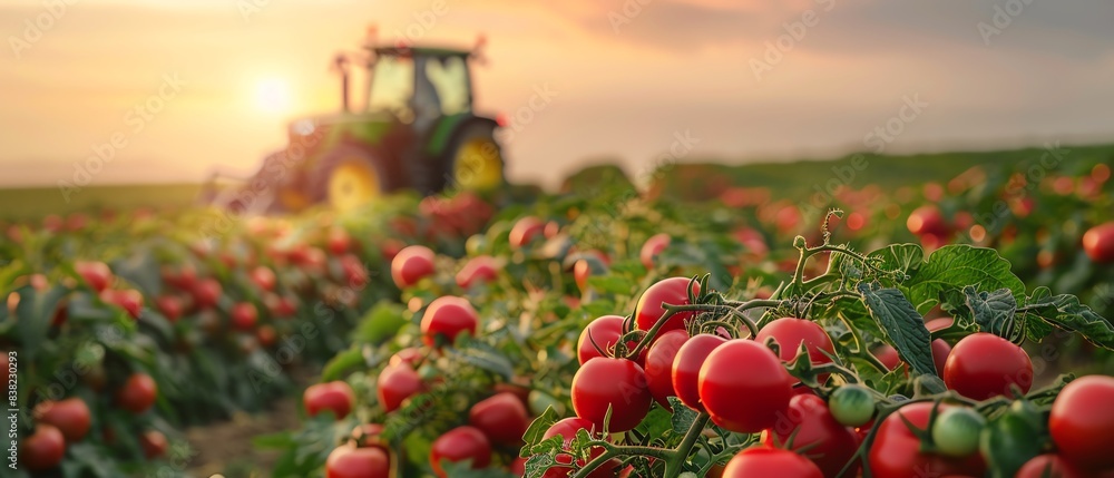 Tractor in tomato field at sunrise, vibrant red tomatoes, agricultural ...