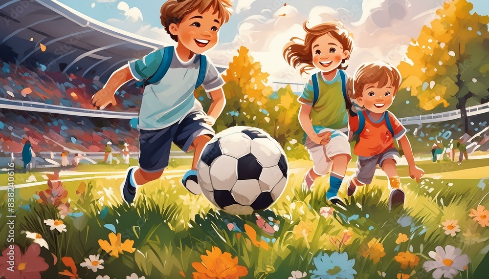 Kids playing football on the green grass Stock Illustration | Adobe Stock