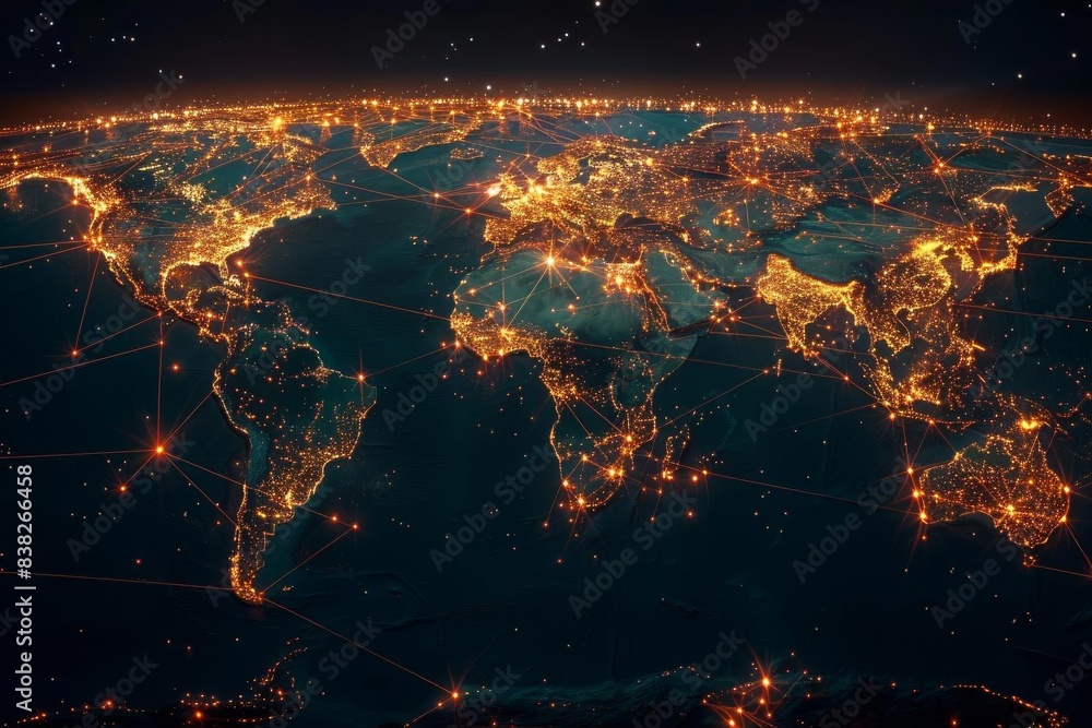 Map of the world illuminated by lines of communication signals ...