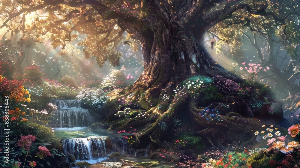 3d illustration of a fantasy wide panorama with a forest of big trees ...