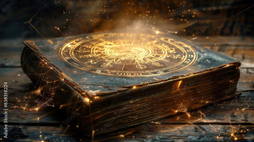 Ancient golden book with glowing symbols, particles and bokeh on dark ...