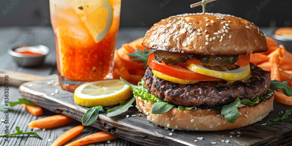 Capture classic appeal of perfect meal combo with burger and lemonade ...