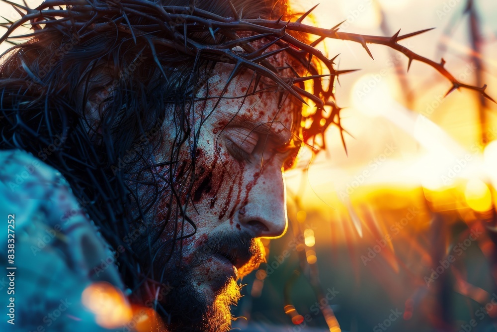 A double exposure of a crown of thorns and cross at sunset, depicting ...