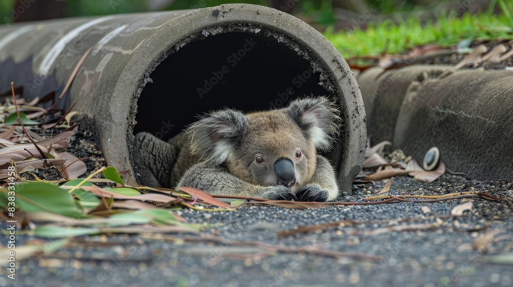 Koala resting inside a concrete pipe - A koala appears cozy inside a ...